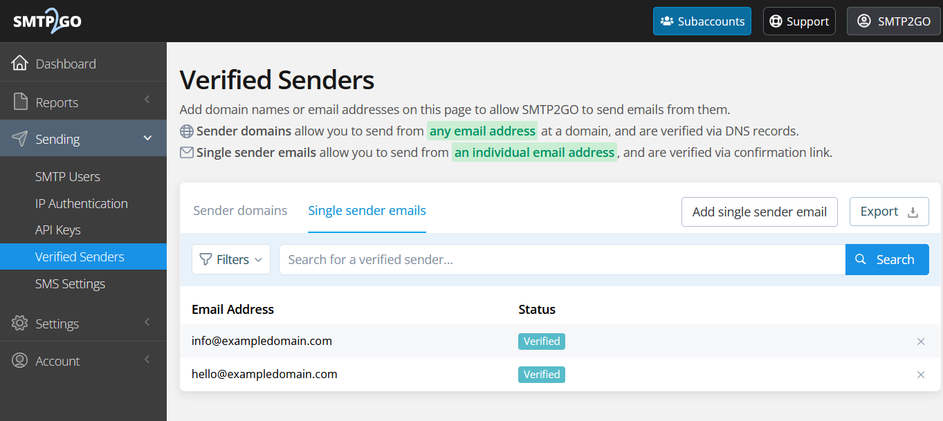 Adding Verified Senders in SMTP2GO - Gravity SMTP Documentation
